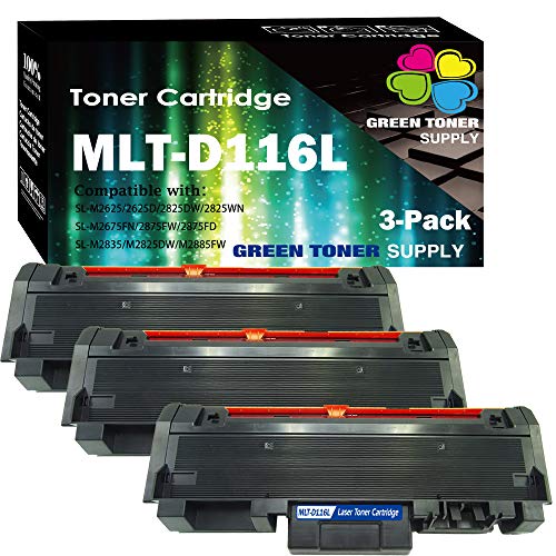 Green Toner Supply (Pack of 3) Compatible Replacement MLTD116L MLT-D116L Toner Cartridges MLT D116L 116L 116 [3-Pack Black] for SL-M2825DW SL-M2875FD SL-M2875FW SL-M2835DW SL-M2885FW Laser Printer