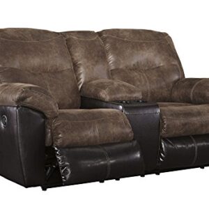 Signature Design by Ashley Follett Faux Leather Manual Pull Tab Reclining Loveseat with Center Console, Two Tone Brown