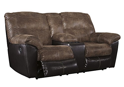 Signature Design by Ashley Follett Faux Leather Manual Pull Tab Reclining Loveseat with Center Console, Two Tone Brown