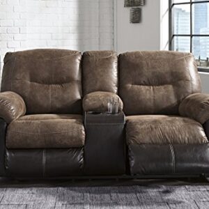 Signature Design by Ashley Follett Faux Leather Manual Pull Tab Reclining Loveseat with Center Console, Two Tone Brown