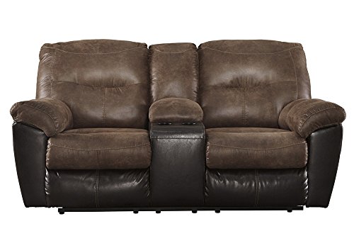 Signature Design by Ashley Follett Faux Leather Manual Pull Tab Reclining Loveseat with Center Console, Two Tone Brown