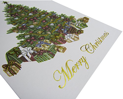 Premium Christmas Cards - 20 Pack - Traditional Christmas Tree with Gold Embossed Foil and Linen Texture - 20 Heavyweight Holiday Cards and Gold Foil Lined Envelopes