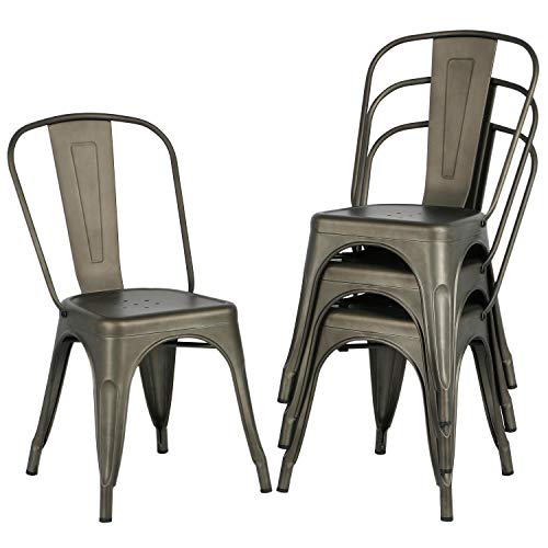 Topeakmart Classic Iron Metal Dinning Chairs Indoor-Outdoor Use Chic Dining Bistro Cafe Side Barstool Bar Chair Coffee Chair Gun Metal Set of 4