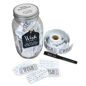 top shelf 50th birthday wish jar with 100 tickets, pen, and decorative lid