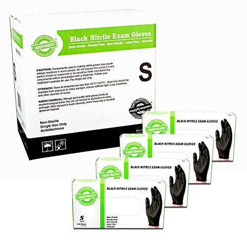 SupplyMaster Black Nitrile Exam Disposable Gloves - 4 Mil, Powder Free, Non-Sterile, Latex Free, Textured, Ambidextrous, Small, Case of 400 - SMBKNE4S