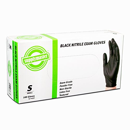 SupplyMaster Black Nitrile Exam Disposable Gloves - 4 Mil, Powder Free, Non-Sterile, Latex Free, Textured, Ambidextrous, Small, Case of 400 - SMBKNE4S