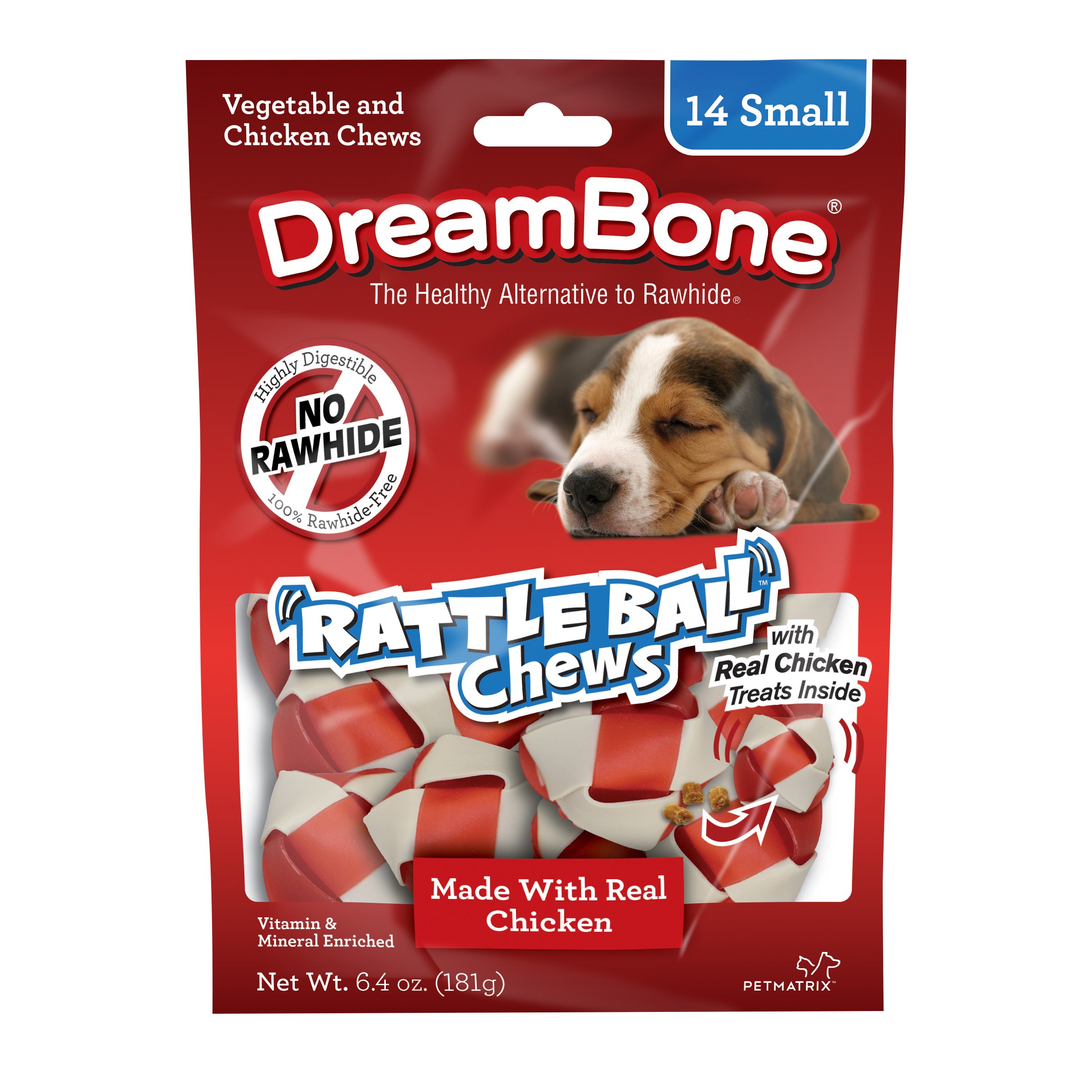 DreamBone RattleBall Chews, Rawhide Free Dog Chews Made with Real Chicken, Beef & Pork, 18 Count