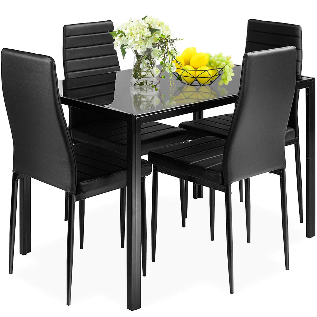 Giantex 5 Pcs Dining Table Set for 4, Modern Glass Tabletop Kitchen Table and Chairs, Rectangular Metal Frame Table with Leather Padded 4 Seats for Small Spaces Apartment