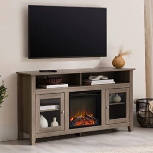 walker edison glenwood rustic farmhouse glass door highboy fireplace tv stand for tvs up to 65 inches, 58 inch, driftwood