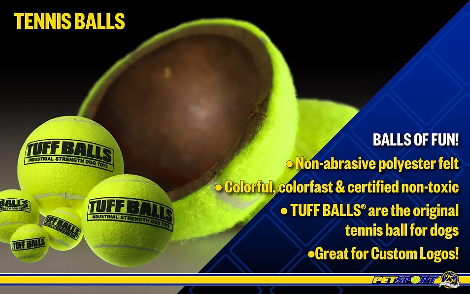 PetSport Tennis Ball Dog Toys | 6 Pack Medium (2.5") Pet Safe Non-Toxic Industrial Strength Felt & Rubber Tuff Balls | Play Fetch, Launch, Chuck or Toss at Dog Park