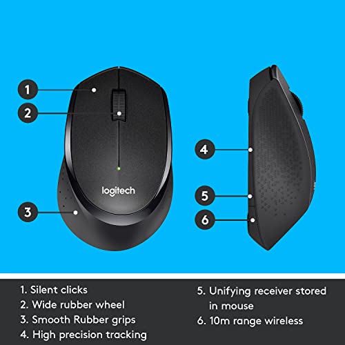 Logitech M330 SILENT PLUS Wireless Mouse, 2.4GHz with USB Nano Receiver, 1000 DPI Optical Tracking, 2-year Battery Life, Compatible with PC, Mac, Laptop, Chromebook - Black