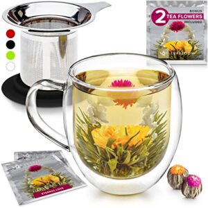 teabloom double-wall borosilicate glass mug with stainless steel infuser and lid – 15 oz / 430 ml – 2 gourmet tea flowers included