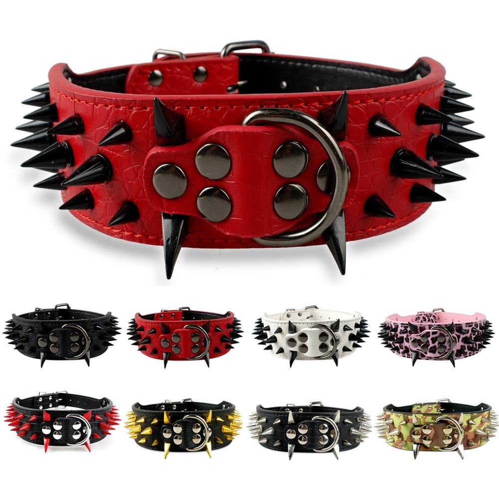 Benala Pet Dog Collar Adjustable Harness Spiked Studded Faux Leather Punk Rivet Dog Collar Pu Sharp Spikes Dog Supplies,Red,M