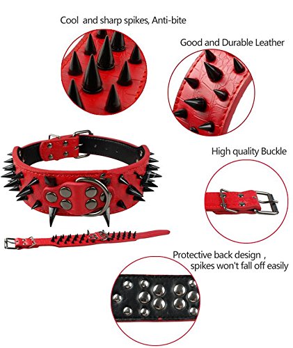 Benala Pet Dog Collar Adjustable Harness Spiked Studded Faux Leather Punk Rivet Dog Collar Pu Sharp Spikes Dog Supplies,Red,M