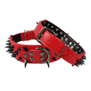 Benala Pet Dog Collar Adjustable Harness Spiked Studded Faux Leather Punk Rivet Dog Collar Pu Sharp Spikes Dog Supplies,Red,M