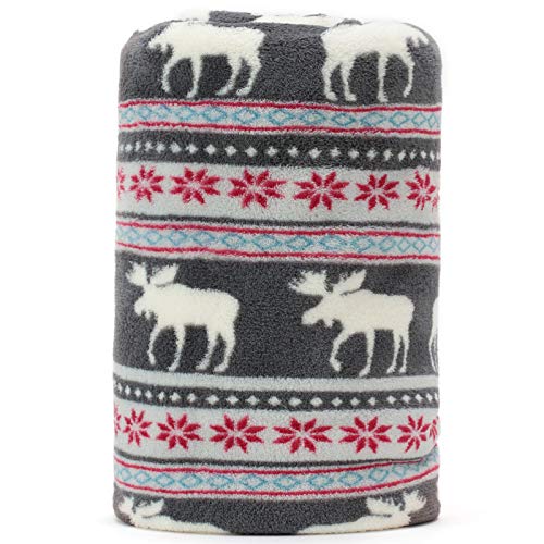 Baby Blanket Throw with Xmas Moose Poinsettias Pattern Grey Background Soft Light Weight Coral Fleece 250GSM 50 x 60