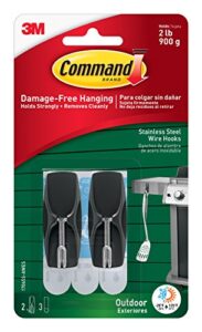 command outdoor stainless steel wire hooks, damage free hanging wall hooks with adhesive strips, no tools wall hooks, 2 black hooks and 3 weather resistant command strips