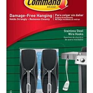 Command Outdoor Stainless Steel Wire Hooks, Damage Free Hanging Wall Hooks with Adhesive Strips, No Tools Wall Hooks, 2 Black Hooks and 3 Weather Resistant Command Strips