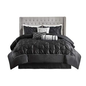 Madison Park Laurel King Size Bed Comforter Set Bed In A Bag - Black , Wrinkle Tufted Pleated – 7 Pieces Bedding Sets – Faux Silk Bedroom Comforters