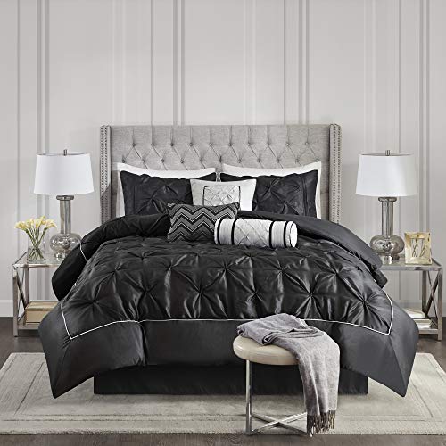 Madison Park Laurel King Size Bed Comforter Set Bed In A Bag - Black , Wrinkle Tufted Pleated – 7 Pieces Bedding Sets – Faux Silk Bedroom Comforters