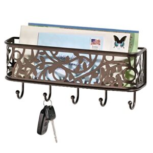 mdesign wall mount metal entryway storage organizer mail sorter basket with 5 hooks - letter, magazine, coat, leash and key holder for entryway, mudroom, hallway, kitchen, office - bronze