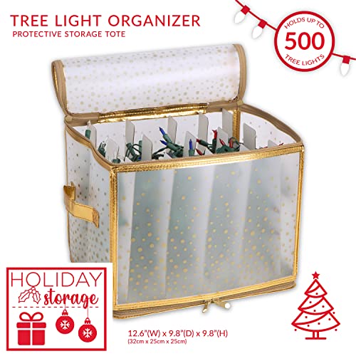 Simplify Holiday Light Organizer Box | Holds 500 Lights | Christmas Storage | Tree String Lights | 5 Divider Reels | Collapsible | Ultra Zip | Gold