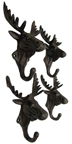 Coat Hat Hooks, 6.5" Cast Iron Moose Head Vintage Antique Style Hangers Set of 4