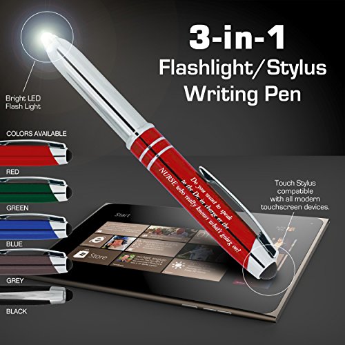 SyPen Nurse Gift Pen With Engraved Messaged - 3-In-1 Metal Ballpoint Pen, Tablet and Phone Stylus, And LED Flashlight - Red