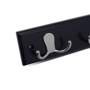 BIRDROCK HOME Dual Hook Coat Rack - 6 Dual Hooks - Wall Mounted Hat Key Rack Rail - Satin Nickel Hooks - Black Pine Bathroom Rail