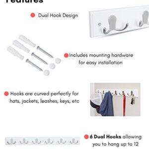 BIRDROCK HOME Dual Hook Coat and Hat Rack - 6 Dual Hooks - 27 Inches - Wall Mount - Decorative Home Storage - Entryway Foyer Hallway Bathroom Bedroom Rail - White Pine Finish - Satin Nickel Hooks