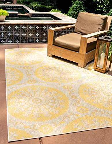 Unique Loom Outdoor Botanical Collection Area Rug - Medallion (4' 1" x 6' 1" Rectangle, Yellow/ Beige)