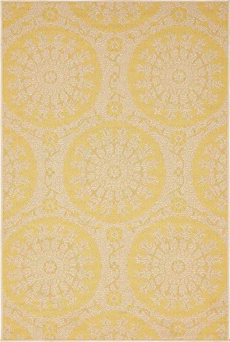 Unique Loom Outdoor Botanical Collection Area Rug - Medallion (4' 1" x 6' 1" Rectangle, Yellow/ Beige)