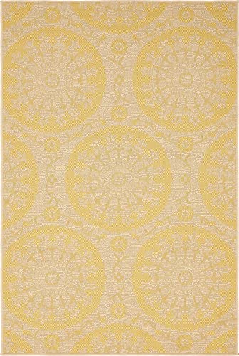 Unique Loom Outdoor Botanical Collection Area Rug - Medallion (4' 1" x 6' 1" Rectangle, Yellow/ Beige)