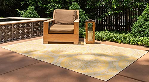 Unique Loom Outdoor Botanical Collection Area Rug - Medallion (4' 1" x 6' 1" Rectangle, Yellow/ Beige)