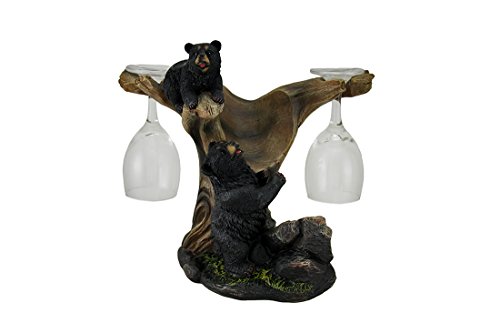 Zeckos Oh Honey Black Bears in a Tree Rustic Wine Bottle Holder with 2 Glasses