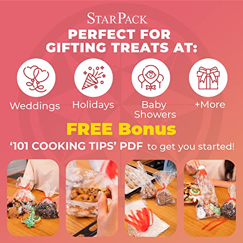 StarPack Premium Cellophane Treat Bags - Beautiful Cookie Bags with Stylish Straps - Cellophane Bags to Preserve Treats' Freshness - Transparent Treat Bags with Ties - 20 Cellophane Bags (Regular Size)