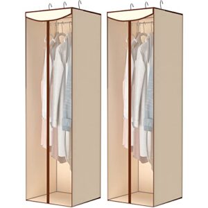 storage maniac 2-pack hanging garment bag, long garment cover for closet, clear garment bags for storage, large garment storage bag for dresses, suits, gown, coat, uniforms, zipper cover with sealed clear window, beige