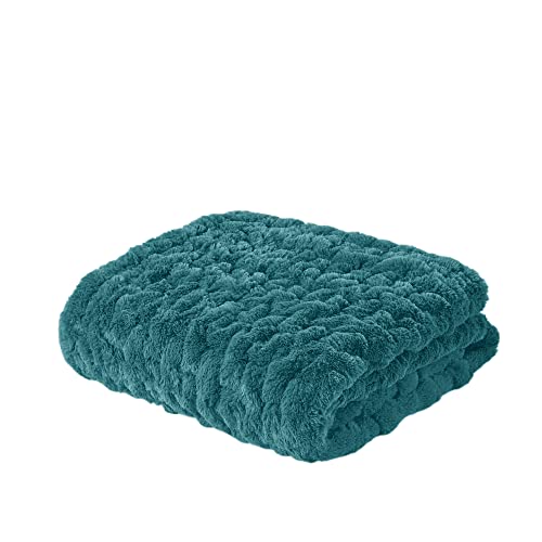 Madison Park Ruched Faux Fur Luxury Throw Teal 50*60 Premium Soft Cozy Brushed Long Faux Fur For Bed, Coach or Sofa