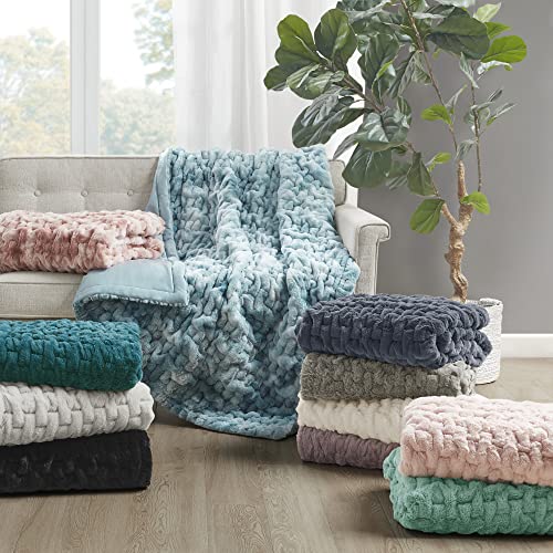 Madison Park Ruched Faux Fur Luxury Throw Teal 50*60 Premium Soft Cozy Brushed Long Faux Fur For Bed, Coach or Sofa