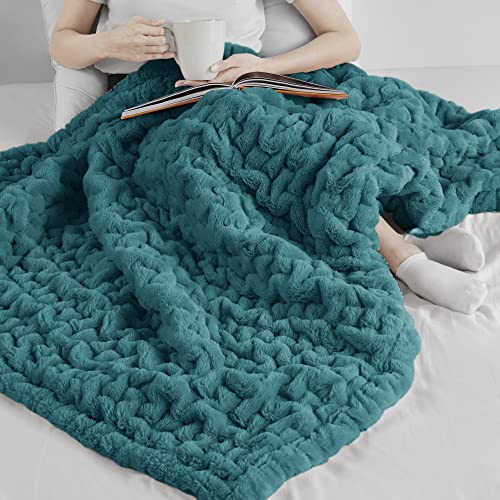 Madison Park Ruched Faux Fur Luxury Throw Teal 50*60 Premium Soft Cozy Brushed Long Faux Fur For Bed, Coach or Sofa