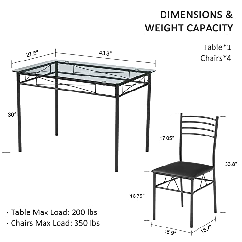 VECELO Dining Table with 4 Chairs [4 Placemats Included, Black, 43.3x27.5x30, 15.7x16.9x33.8