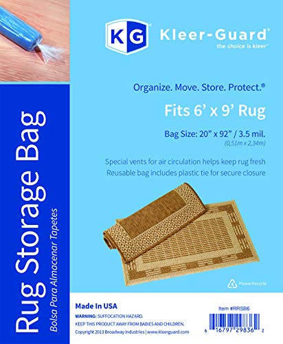 Kleer-Guard 6'x9' Rug Bag W/Plastic Tie for Secure Closure. 20”x92”, 4.5 MIL. for Temporary Moving or Storage