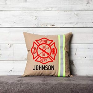 Fully Involved Stitching Firefighter Personalized Tan Maltese Cross Pillow