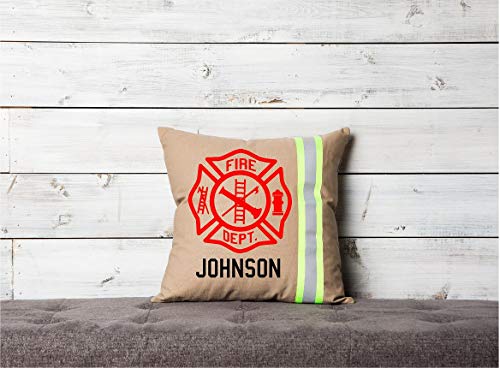 Fully Involved Stitching Firefighter Personalized Tan Maltese Cross Pillow