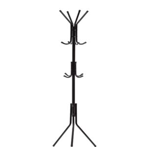 free-standing coat rack metal stand - hall tree entry-way furniture best for hanging up jacket, purse, hand-bag, cloth, hat, winter scarf holder - home or office floor hanger 12-hooks organizer, black