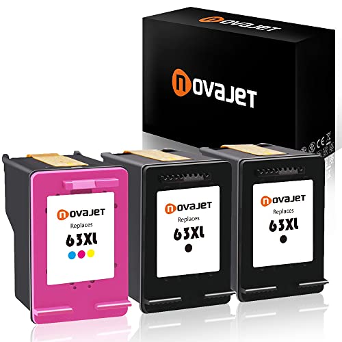 Novajet Remanufactured Ink Cartridge Replacement for HP 63XL 63 XL Use in Envy 4512 4516 4520 Officejet 3830 3831 4650 4655 Deskjet 2130 2132 3630 3632 3634 3636 Printer (2 Black, 1 Tri-Color)