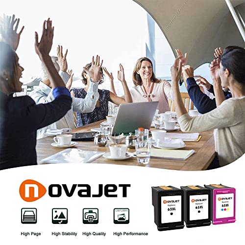 Novajet Remanufactured Ink Cartridge Replacement for HP 63XL 63 XL Use in Envy 4512 4516 4520 Officejet 3830 3831 4650 4655 Deskjet 2130 2132 3630 3632 3634 3636 Printer (2 Black, 1 Tri-Color)