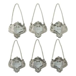 treasure gurus silver engraved fancy floral decanter labels liquor bottle label tag set/6 tags