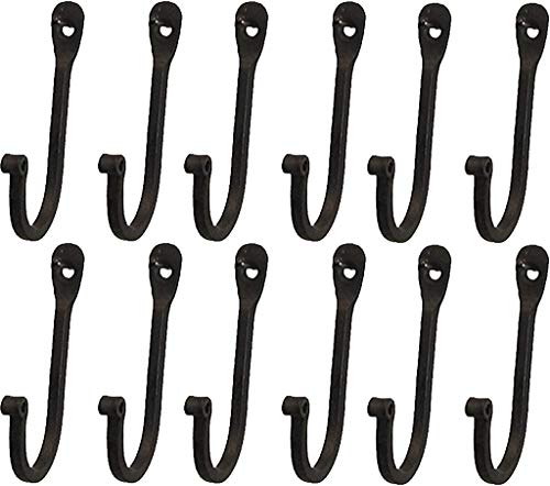 Early American Single Prong Wrought Iron Hooks, Set of 12 - Rustic Curved Metal Fasteners - Decorative Colonial Wall Décor