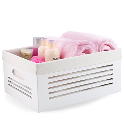 Large Wooden Crate for Storage - Decorative Wood Storage Boxes for Home Books Clothes Toys, This wood crate box/Basket/Bin Organizer is Lined with Machine Washable Soft Linen Fabric - White, Large